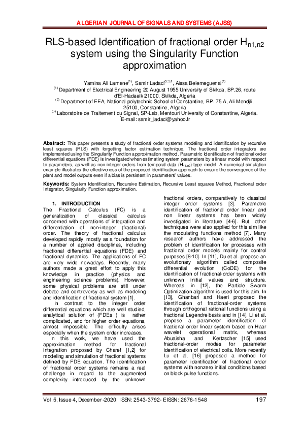 Pdf Rls Based Identification Of Fractional Order H N1 N2 System Using The Singularity Function