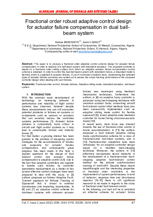(PDF) Fractional order robust adaptive control design for actuator failure compensation in dual ...