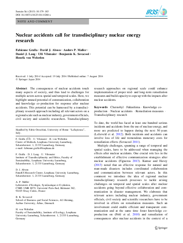 (PDF) Nuclear accidents call for transdisciplinary nuclear energy research