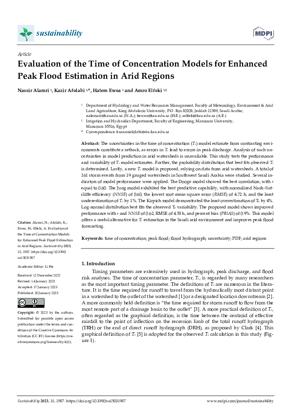 (PDF) Evaluation of the Time of Concentration Models for Enhanced Peak ...