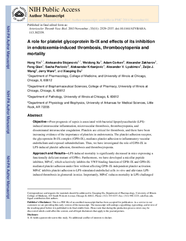 (PDF) Role for Platelet Glycoprotein Ib-IX and Effects of its ...