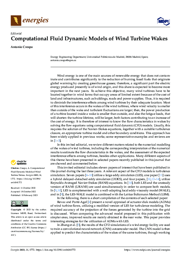 (PDF) Computational Fluid Dynamic Models of Wind Turbine Wakes