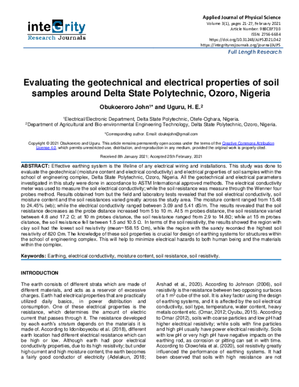 (PDF) Evaluating the geotechnical and electrical properties of soil samples around Delta State ...