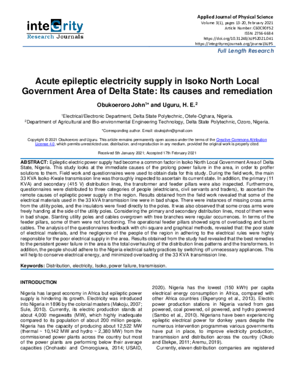 (PDF) Acute epileptic electricity supply in Isoko North Local ...