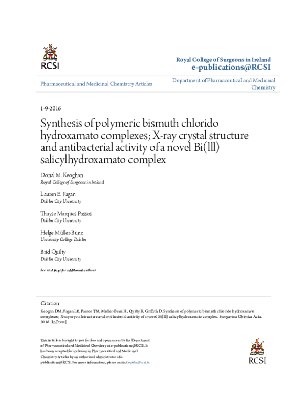 (PDF) Synthesis of polymeric bismuth chlorido hydroxamato complexes; X-ray crystal structure and ...