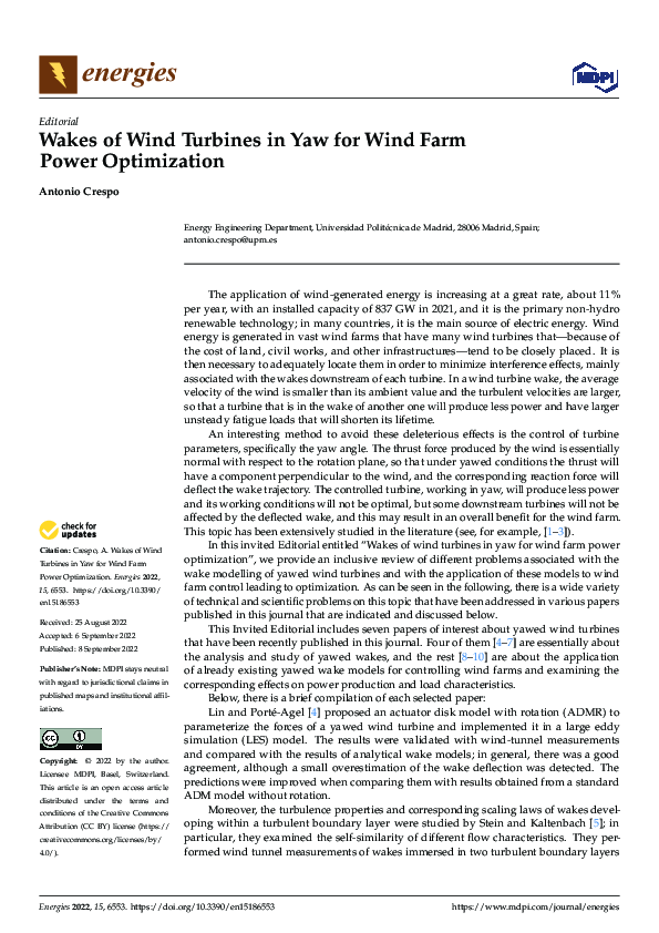 (PDF) Wakes of Wind Turbines in Yaw for Wind Farm Power Optimization