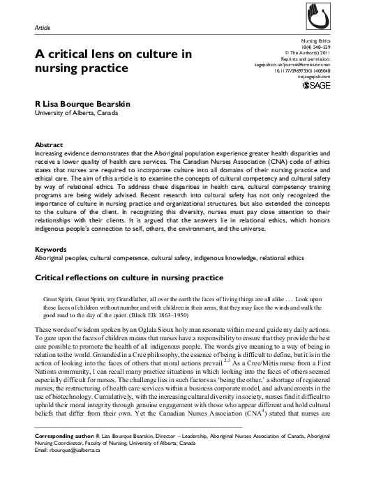 (PDF) A critical lens on culture in nursing practice