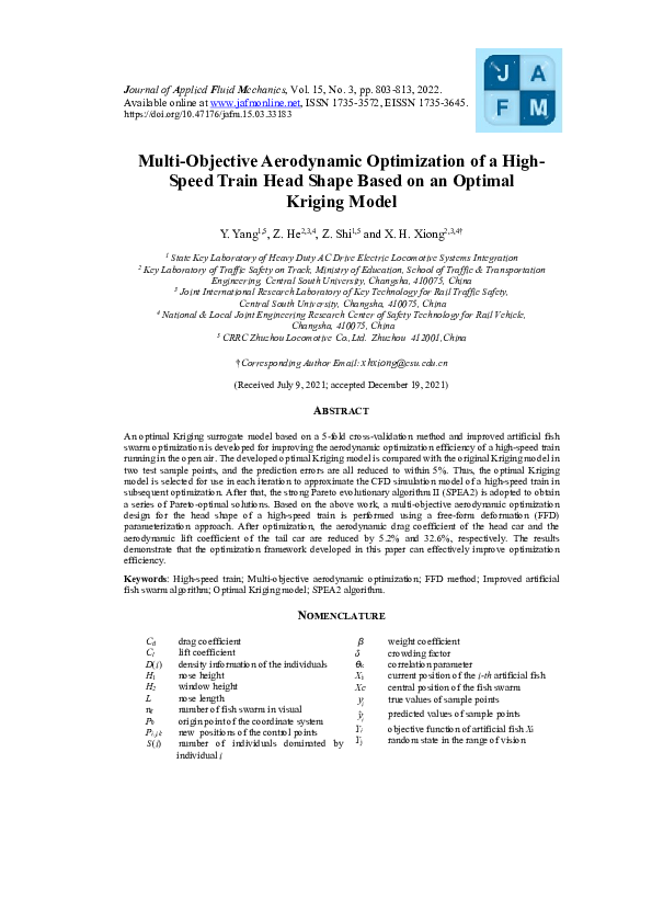(PDF) Multi-Objective Aerodynamic Optimization of a High-Speed Train Head Shape Based on an ...