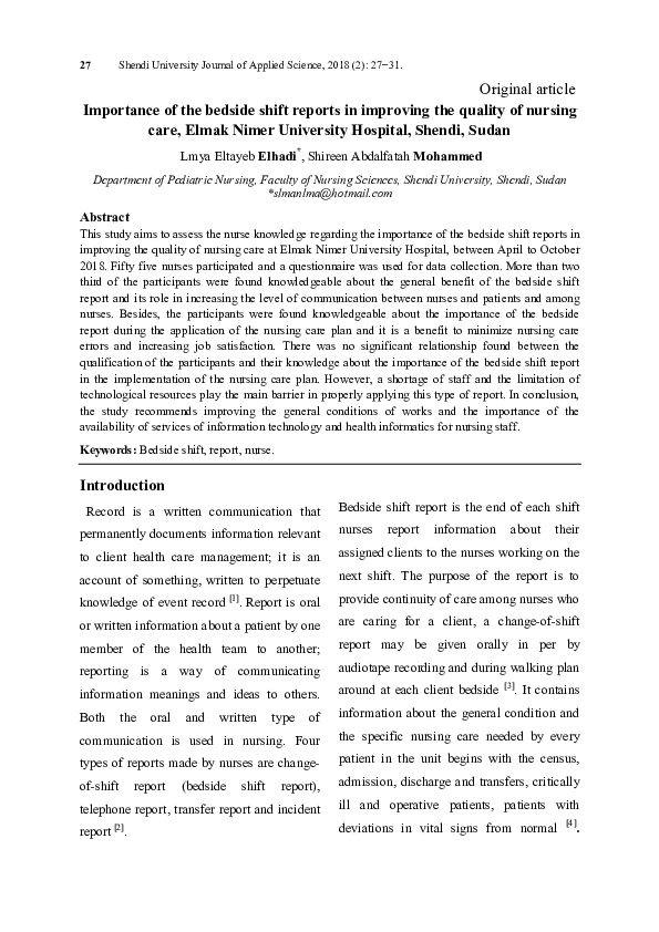 (PDF) Importance of the bedside shift reports in improving the quality ...