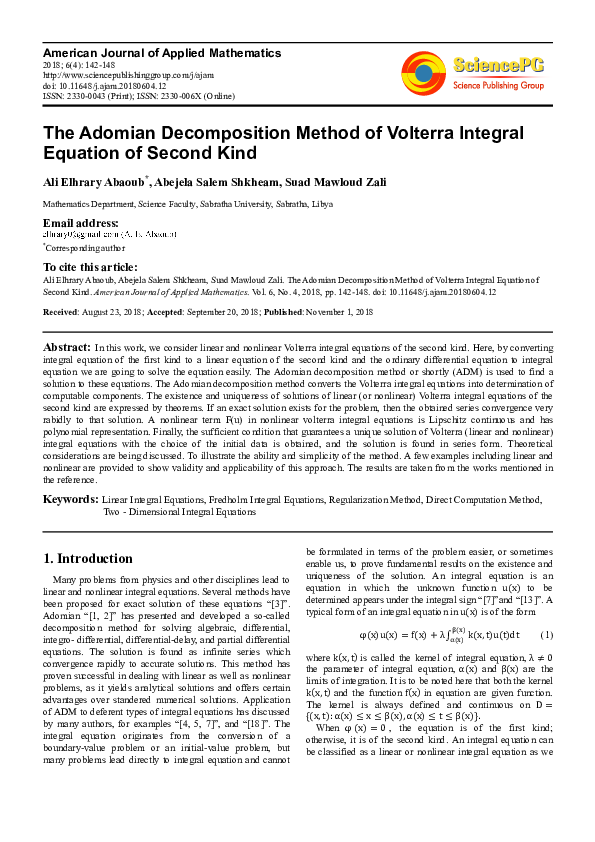 (PDF) The Adomian Decomposition Method of Volterra Integral Equation of Second Kind