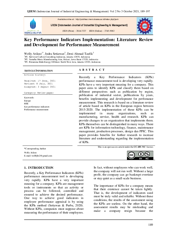 (PDF) Key Performance Indicators Implementation: Literature Review and Development for ...