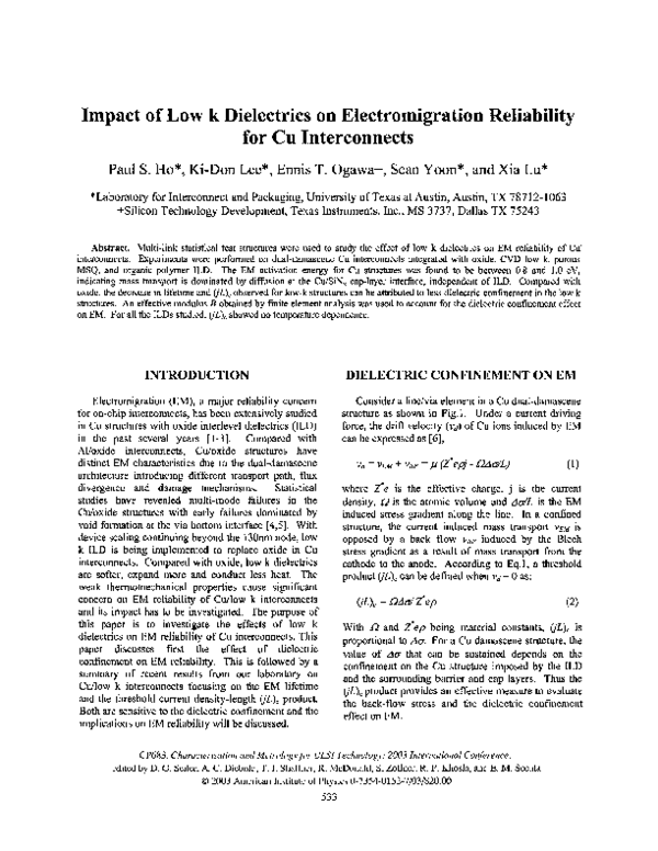 (PDF) Effect of low k dielectrics on electromigration reliability for Cu interconnects