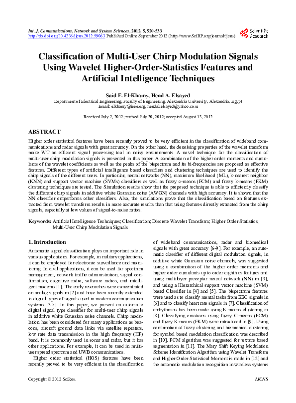 Pdf Classification Of Multi User Chirp Modulation Signals Using Wavelet Higher Order