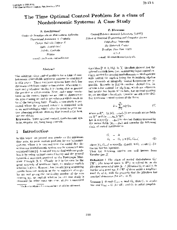 (PDF) The Time Optimal Control Problem for a class of Nonholonomic ...