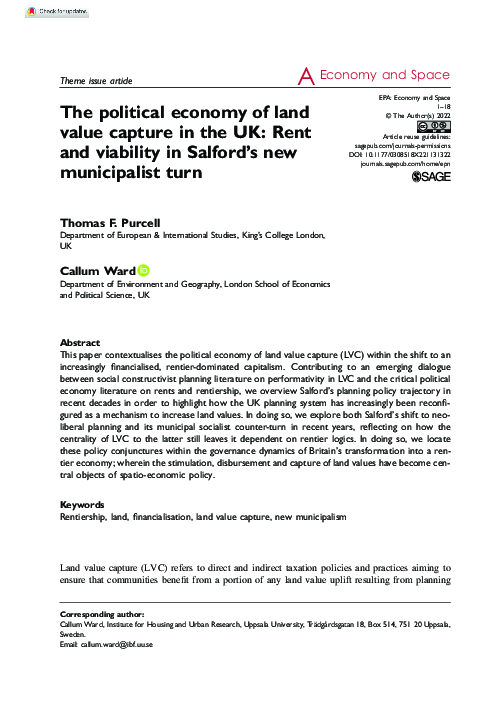 (PDF) The political economy of land value capture in the UK: Rent and ...