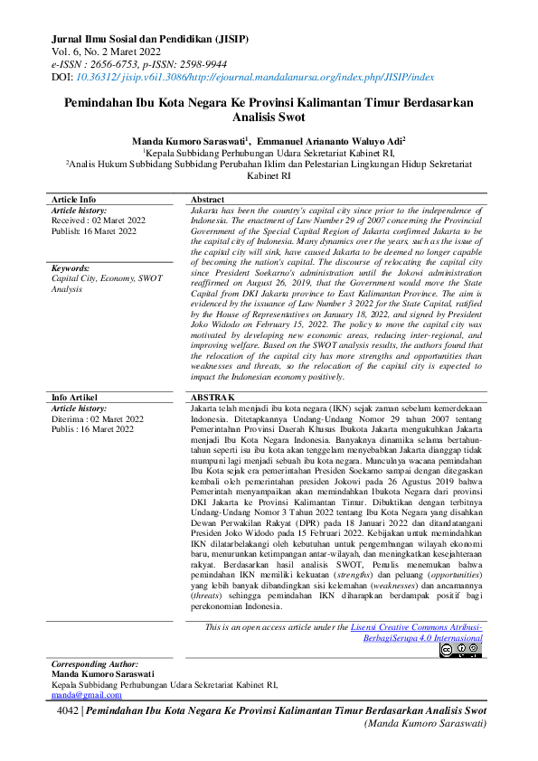(PDF) Pemindahan Ibu Kota Negara Ke Provinsi Kalimantan Timur Berdasarkan Analisis SWOT
