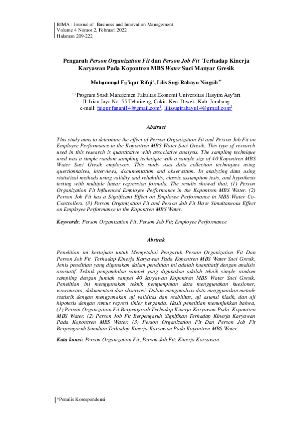 (PDF) Pengaruh Person Organization Fit dan Person Job Fit Terhadap Kinerja Karyawan Pada ...