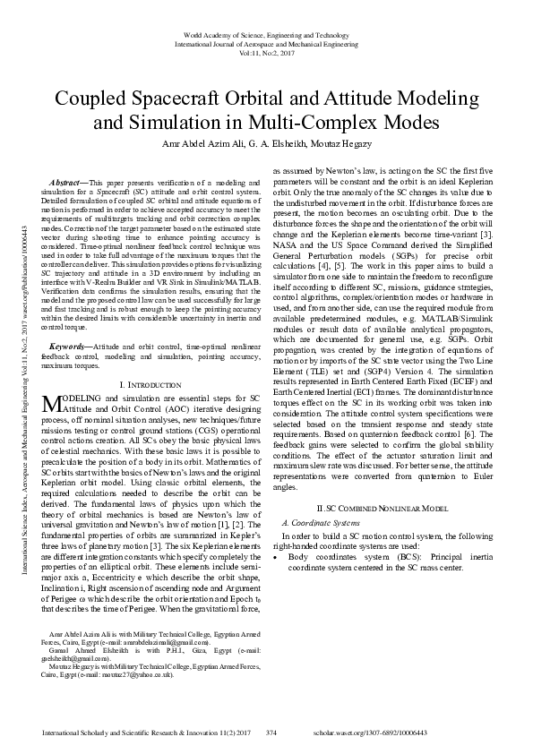 Pdf Coupled Spacecraft Orbital And Attitude Modeling And Simulation
