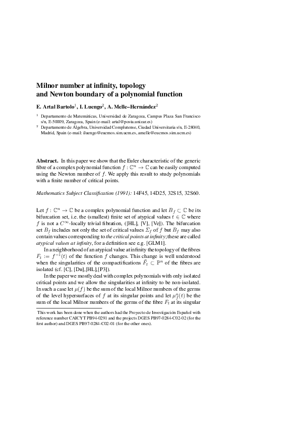 (PDF) Milnor number at infinity, topology and Newton boundary of a ...