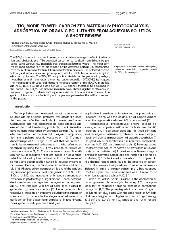 (PDF) TiO2 modified with carbonized materials: Photocatalysis/adsorption of organic pollutants ...