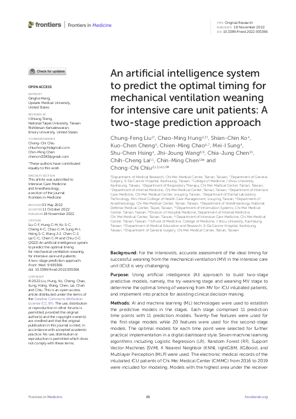 (PDF) An artificial intelligence system to predict the optimal timing for mechanical ventilation ...