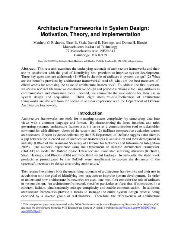 (PDF) 6.4.3 Architecture Frameworks in System Design: Motivation, Theory, and Implementation