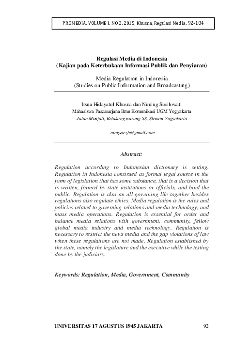 (PDF) Regulasi Media di Indonesia (Kajian pada Keterbukaan Informasi ...