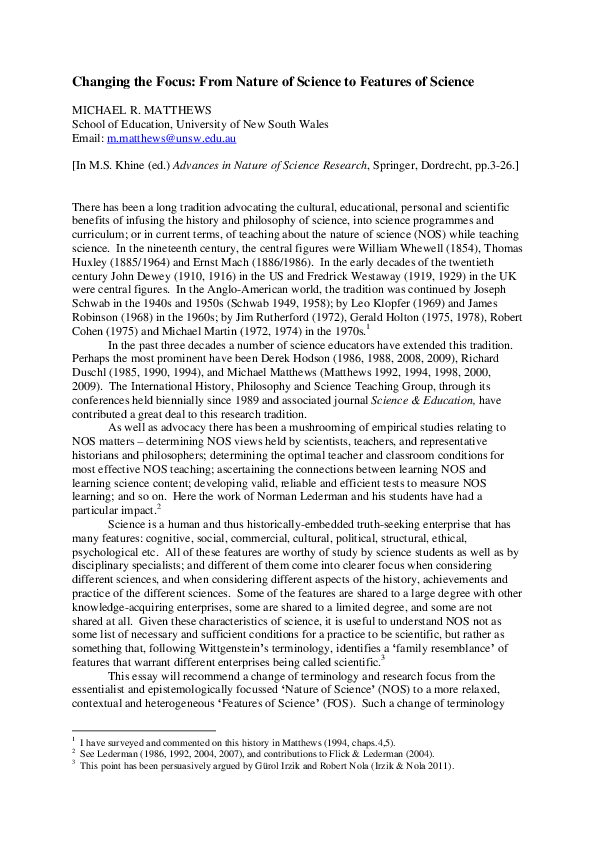 (PDF) Changing the Focus: From Nature of Science to Features of Science