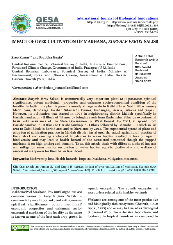 (PDF) Impact of Over Cultivation of Makhana, Euryale Ferox Salisb