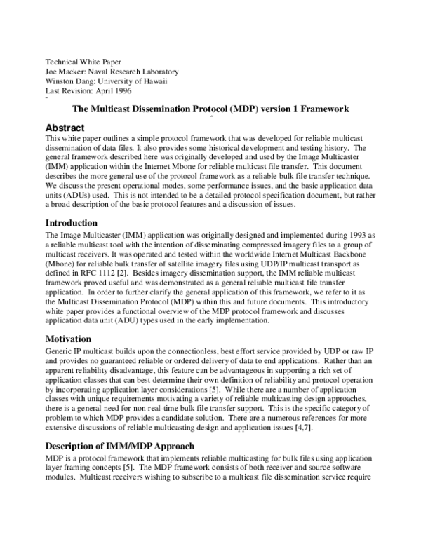 (PDF) The Multicast Dissemination Protocol (MDP) Version 1 Framework