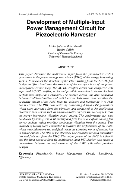 (PDF) Development of multiple-input power management circuit for piezoelectric harvester