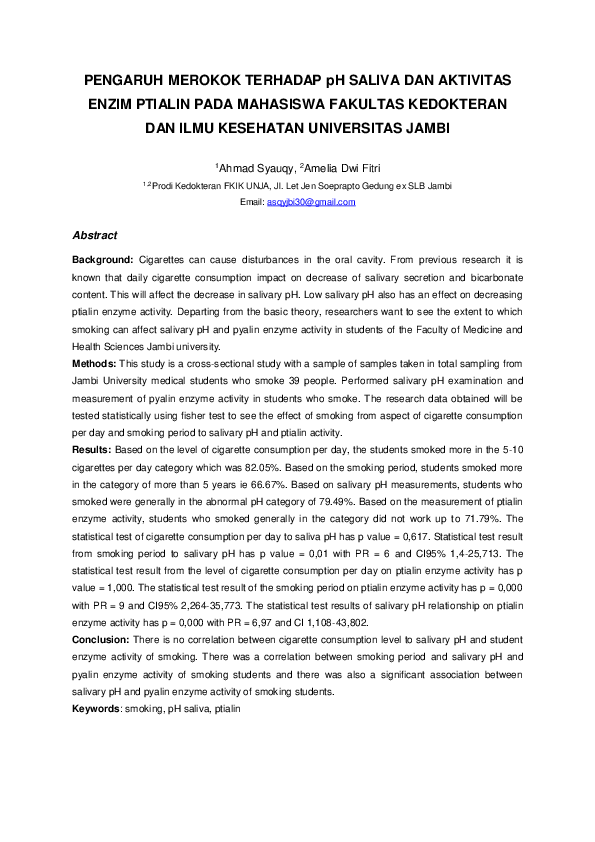 (PDF) PENGARUH MEROKOK TERHADAP pH SALIVA DAN AKTIVITAS ENZIM PTIALIN ...