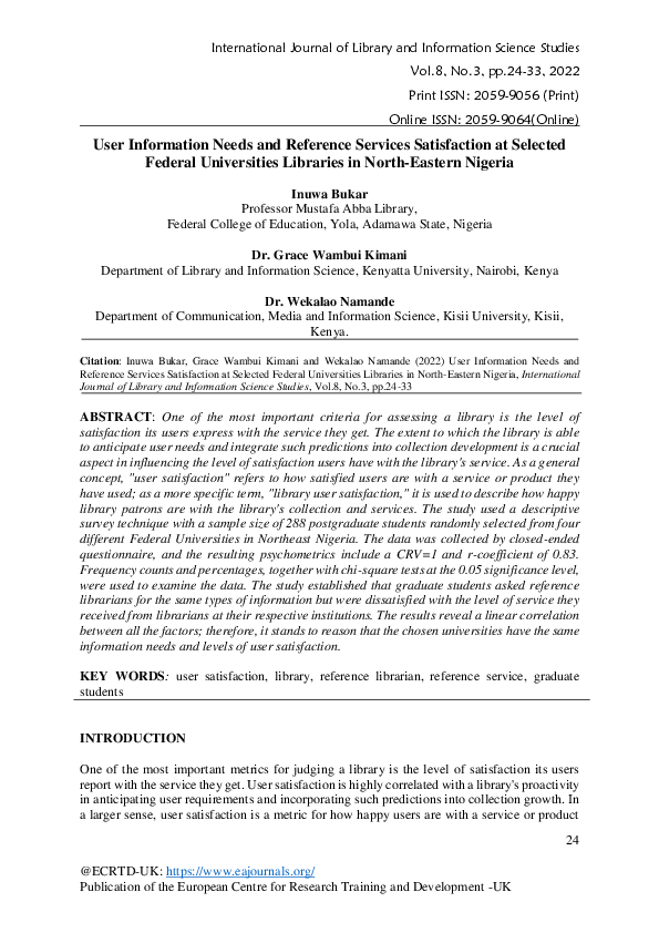 (PDF) User Information Needs and Reference Services Satisfaction at Selected Federal ...