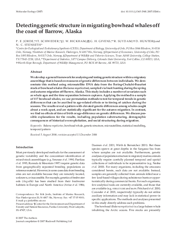 (PDF) Detecting genetic structure in migrating bowhead whales off the coast of Barrow, Alaska