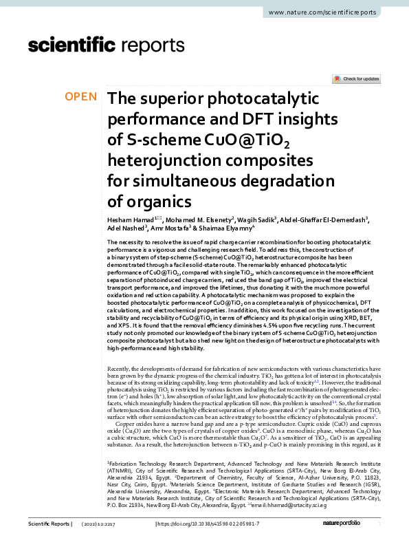 Pdf The Superior Photocatalytic Performance And Dft Insights Of S Scheme Cuo Tio2