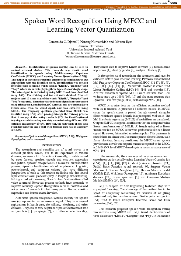 Pdf Spoken Word Recognition Using Mfcc And Learning Vector Quantization