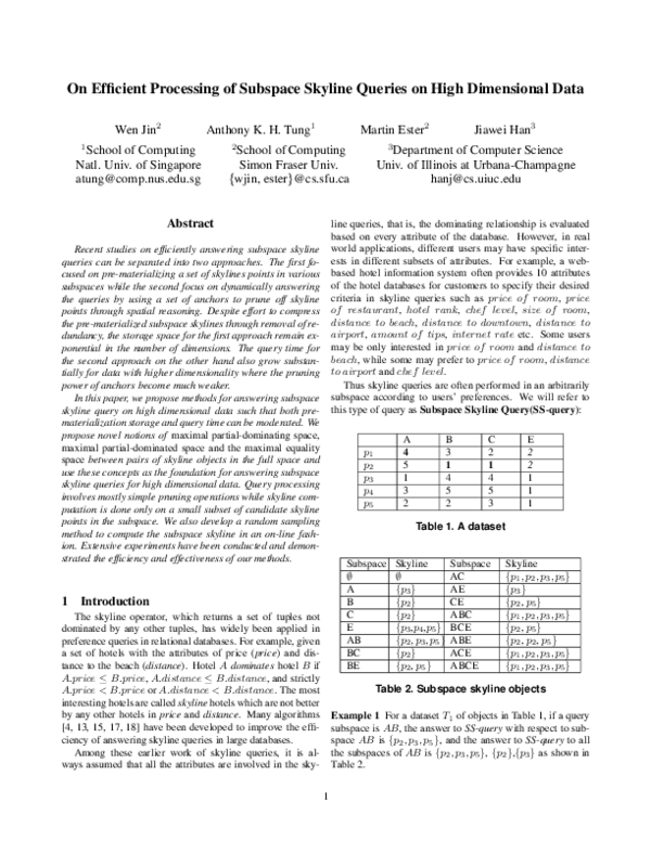Pdf On Efficient Processing Of Subspace Skyline Queries On High Dimensional Data