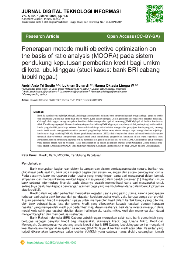 Pdf Penerapan Metode Multi Objective Optimization On The Basis Of Ratio Analysis Moora Pada