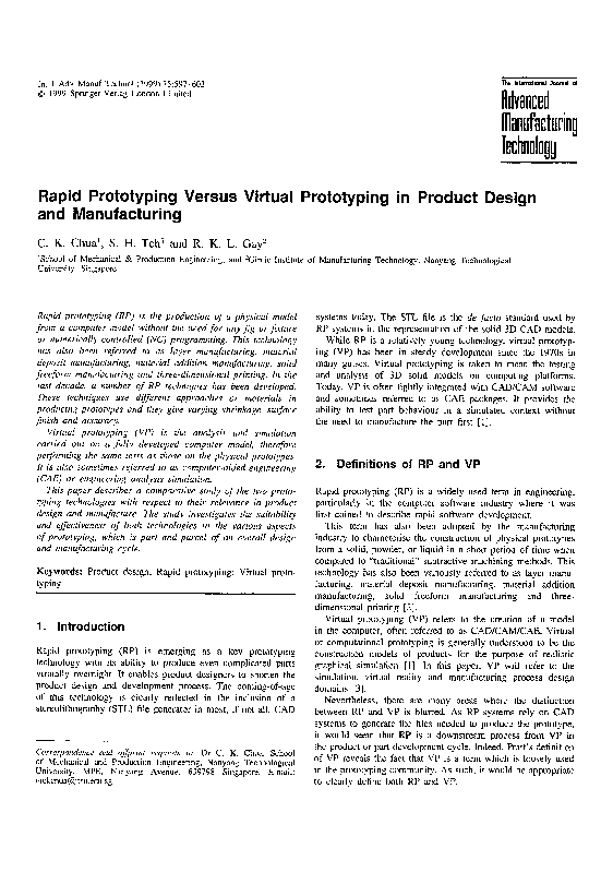 (PDF) Rapid prototyping versus virtual prototyping in product design and manufacturing