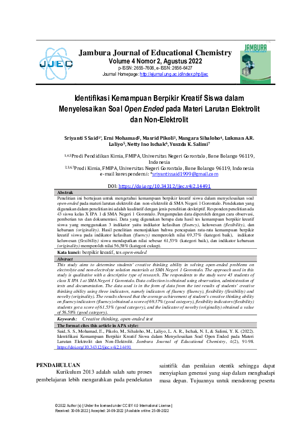 (PDF) Identifikasi Kemampuan Berpikir Kreatif Siswa dalam Menyelesaikan Soal Open Ended Pada ...