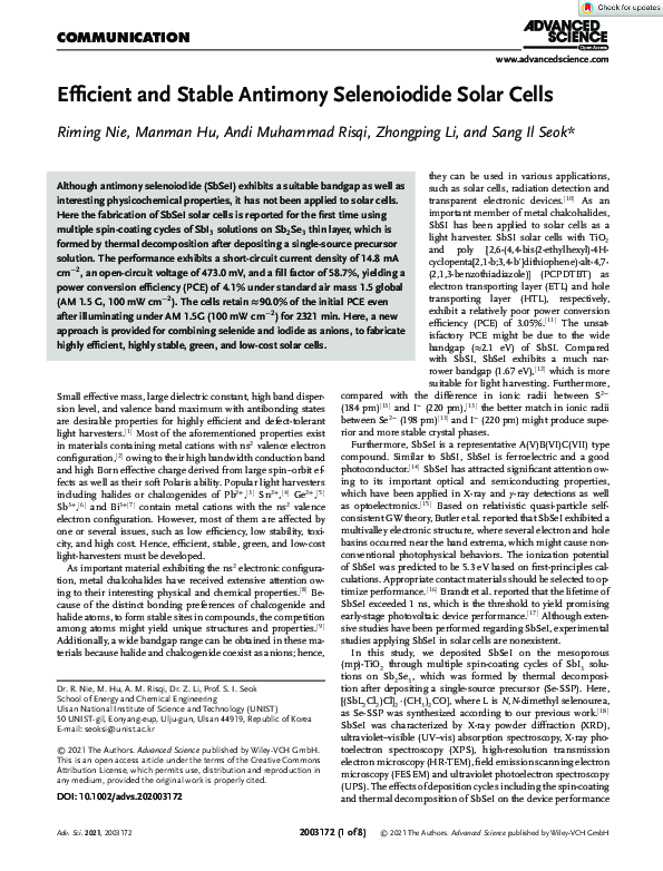 (PDF) Efficient and Stable Antimony Selenoiodide Solar Cells