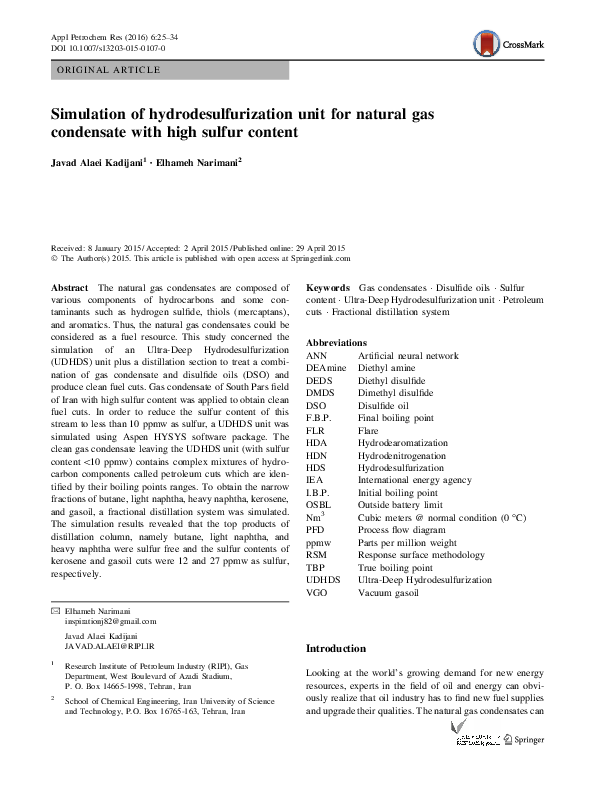(PDF) Simulation of hydrodesulfurization unit for natural gas ...
