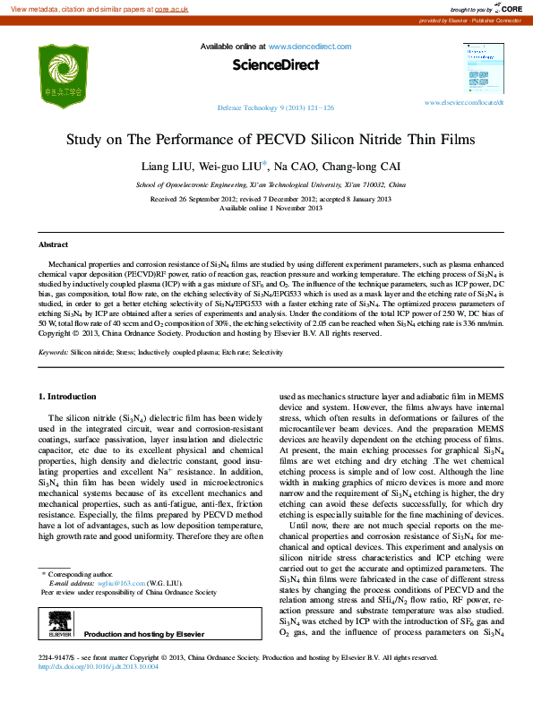 (PDF) Study on The Performance of PECVD Silicon Nitride Thin Films
