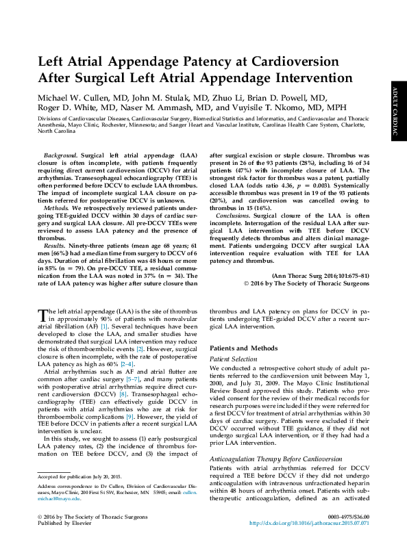 (PDF) Left Atrial Appendage Patency at Cardioversion After Surgical ...