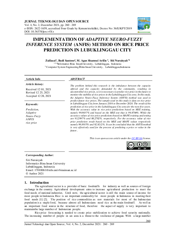 (PDF) Implementation of Adaptive Neuro-Fuzzy Inference System (Anfis) Method on Rice Price ...