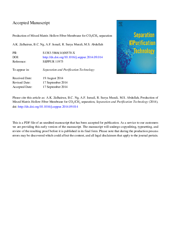 (PDF) Production of mixed matrix hollow fiber membrane for CO2/CH4 ...