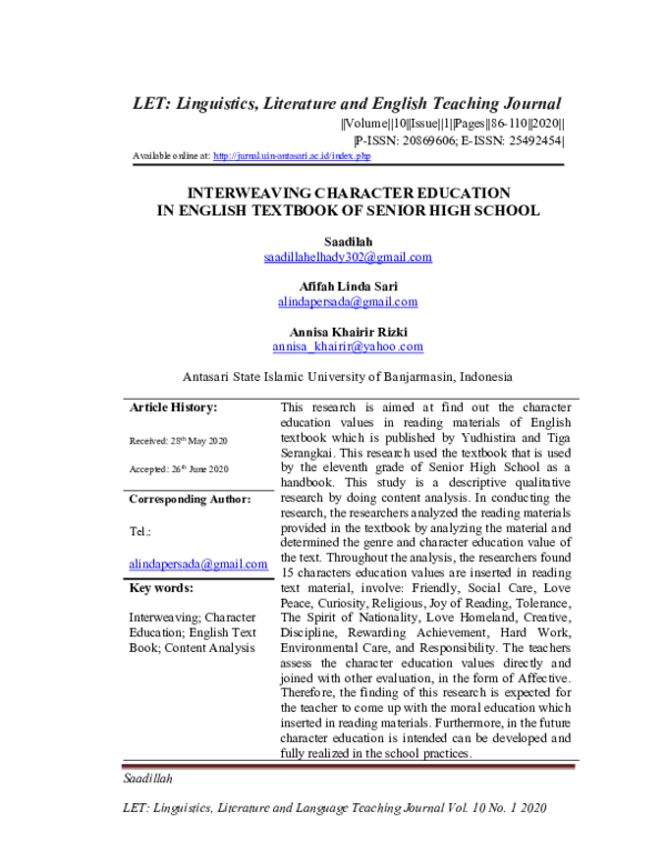 (PDF) Interweaving Character Education in English Textbook of Senior ...