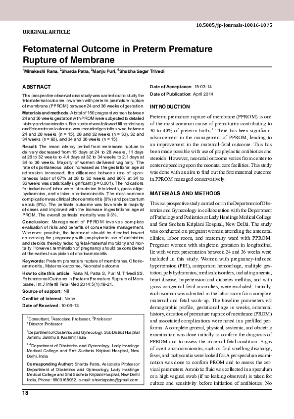 (PDF) Fetomaternal Outcome in Preterm Premature Rupture of Membrane