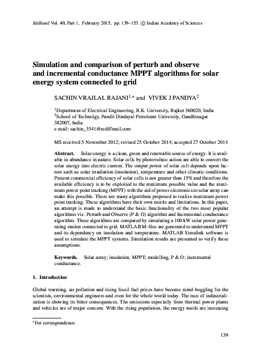 Pdf Simulation And Comparison Of Perturb And Observe And Incremental Conductance Mppt