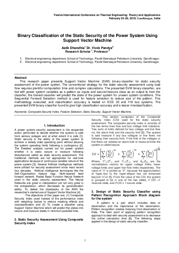 Pdf Binary Classification Of The Static Security Of The Power System Using Support Vector Machine